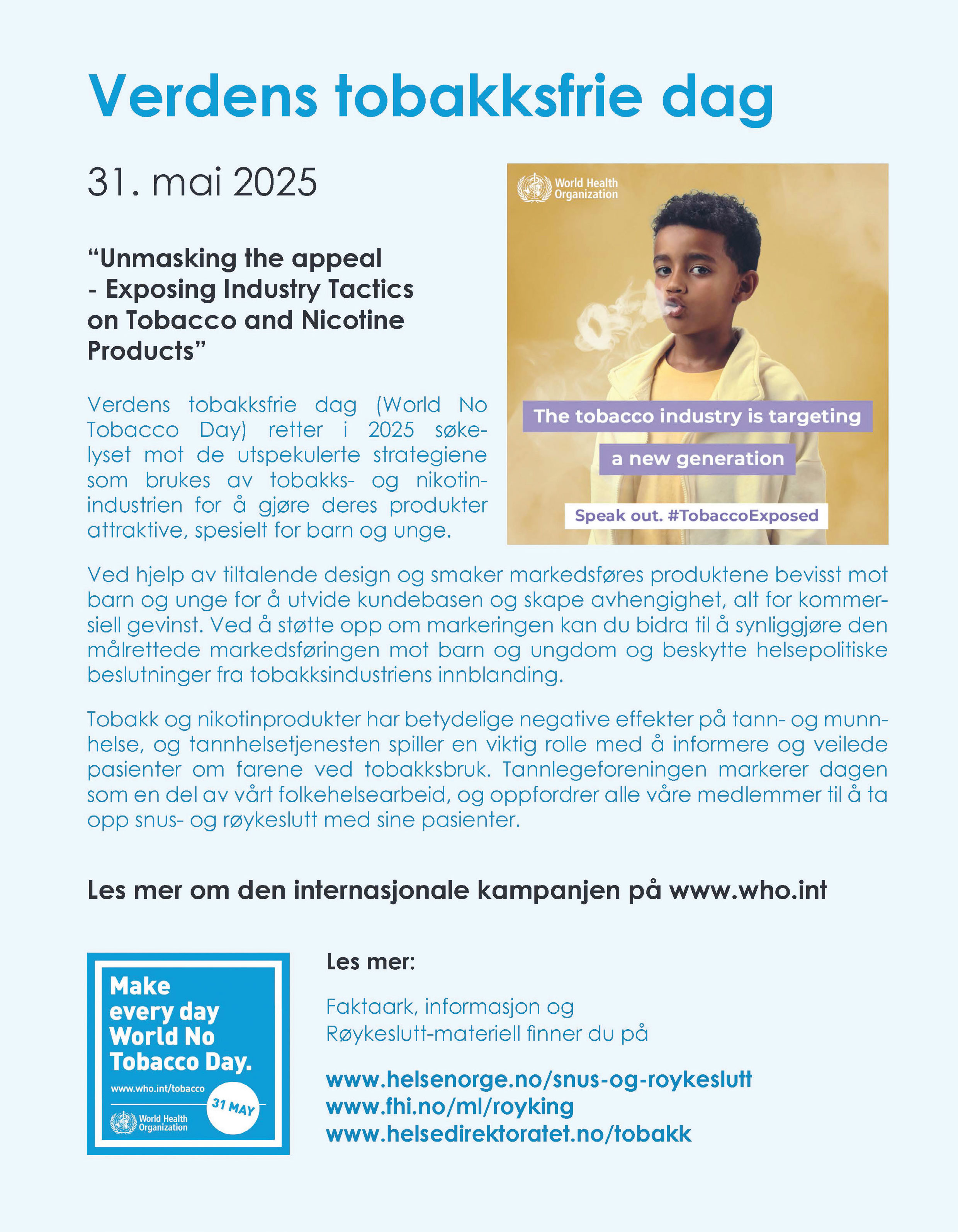 Verdens tobakksfrie dag | Den norske tannlegeforenings Tidende